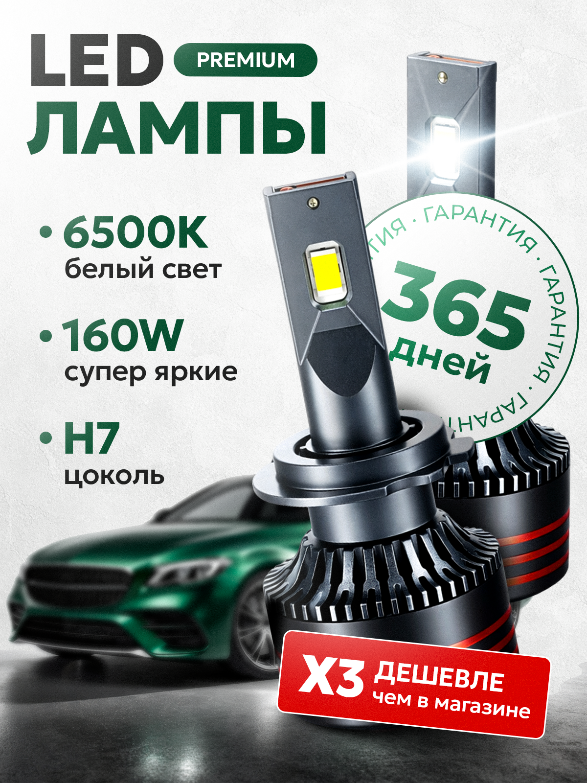 Автомобильные светодиодные LED-лампы ZMB, H7, холодный белый свет, 160 Вт, 2 шт