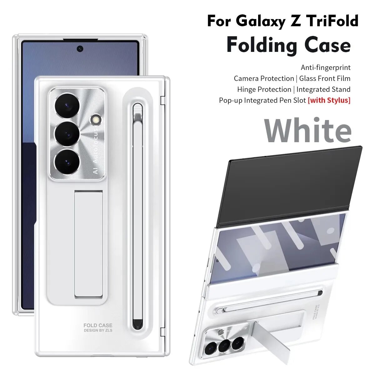 Белый чехол для Samsung Galaxy Z TriFold со стилусом и подставкой