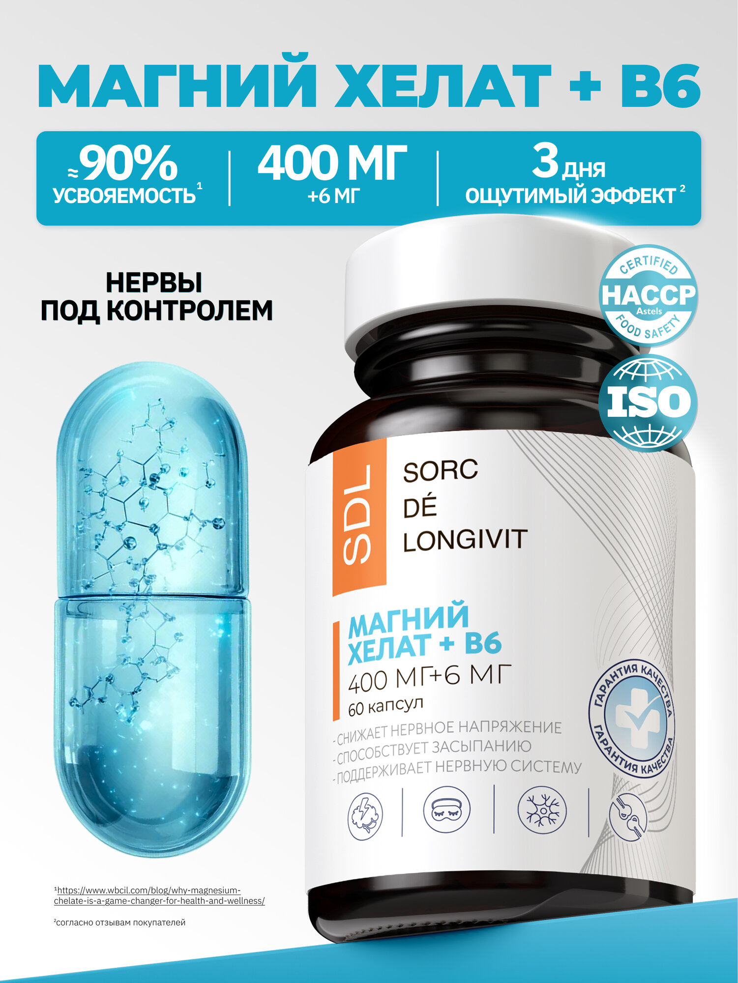 Магний хелат с витамином В6 SDL, для здоровья нервов и сердца 400 мг+6 мг, 60 капсул