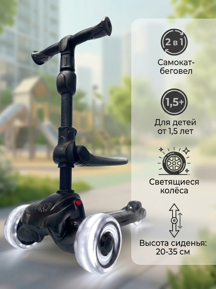 Детский трёхколёсный самокат 2 в 1 с сиденьем и светящимися колёсами Scooter Micar Moby Plus Чёрный
