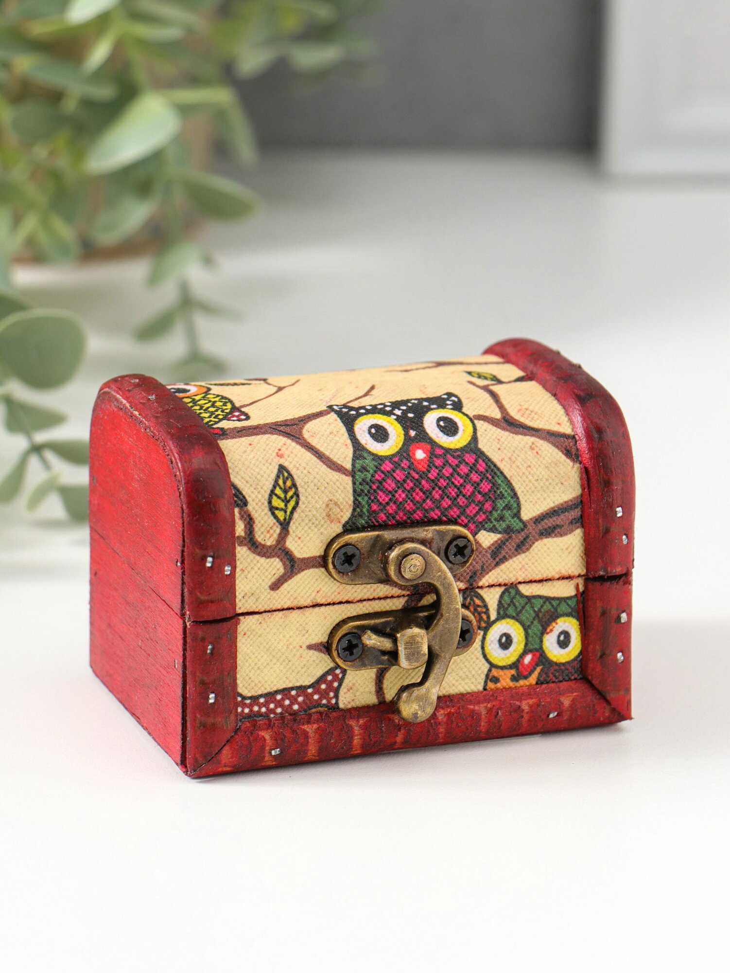 Шкатулка для украшений "Сундучок. Совята", дерево, 6x8x5.5 см