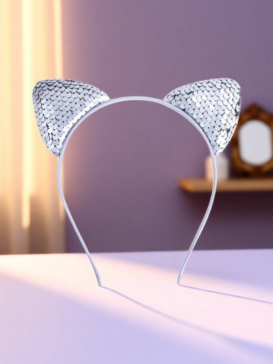 Серебряный ободок с ушками кошки EEbaby - ободок с пайетками для детей и взрослых EEkid