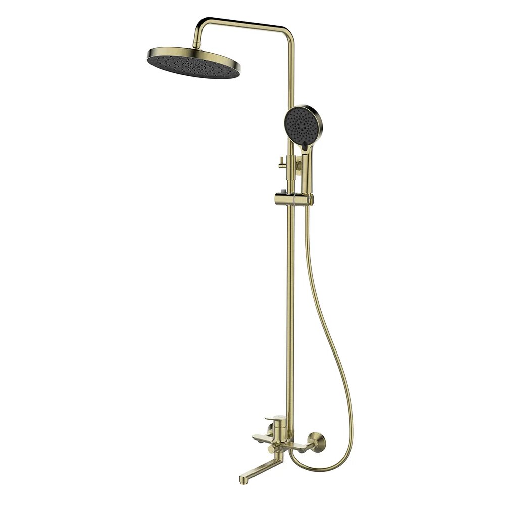 Душевая стойка Lemark Сибирь LMF-7026B-BRG со смесителем, золотая, матовая, душевая система с тропическим душем, с изливом, с лейкой, латунная