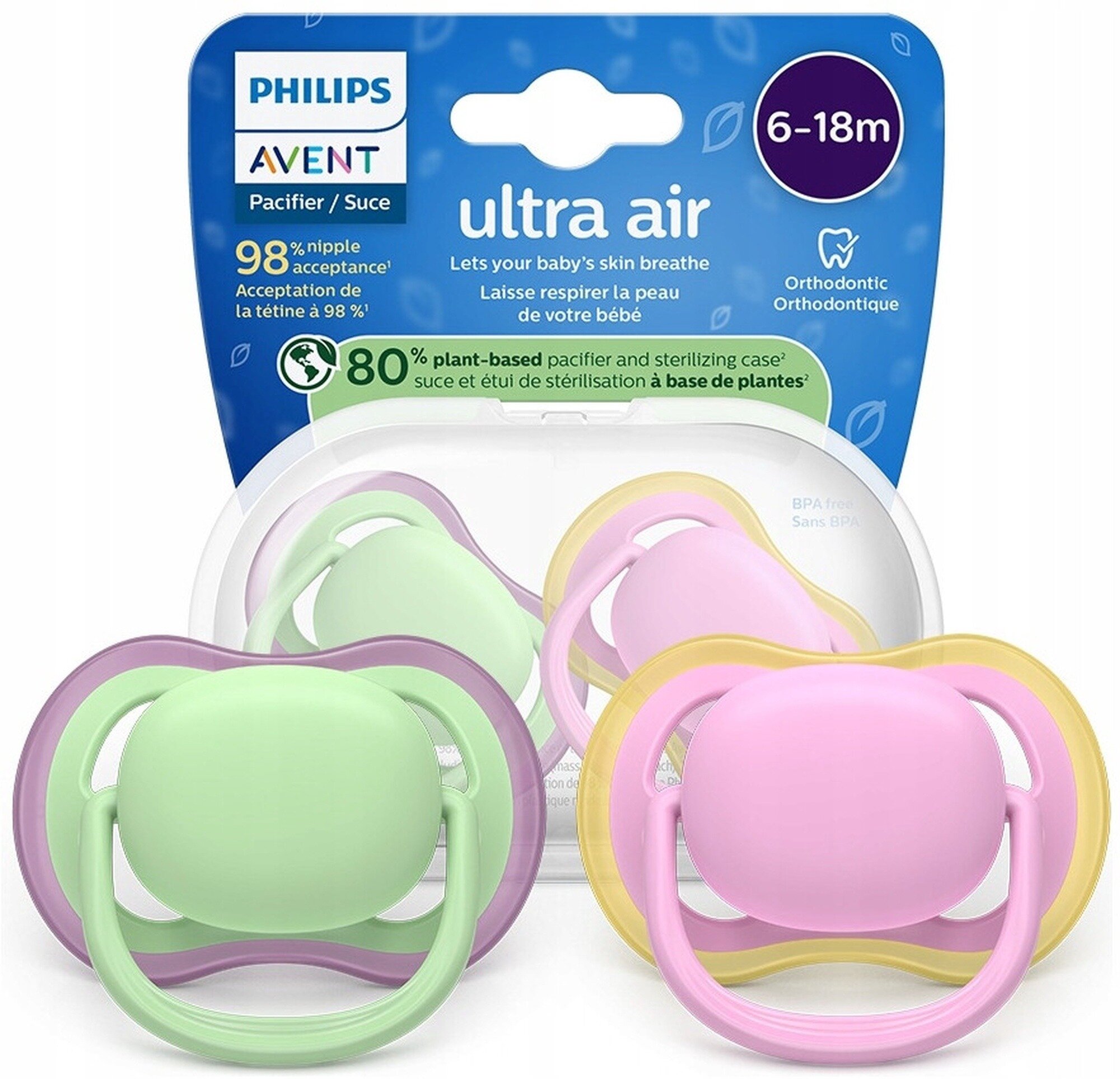 Пустышка Philips Avent Ultra Air SCF087/12 6-18 мес, розовый/зеленый, 2 шт.