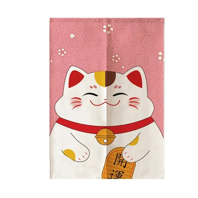Льняная японская дверная занавеска Noren Lucky Cat 2 панели Белый, 100x150cm, 13