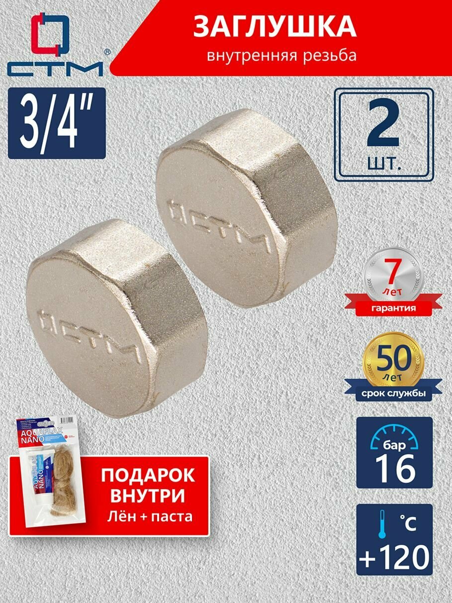 Заглушка 3/4", резьбовая, 2 шт +Комплект монт. Aquaflax nano (паста 30гр тюбик+ 15гр лен)