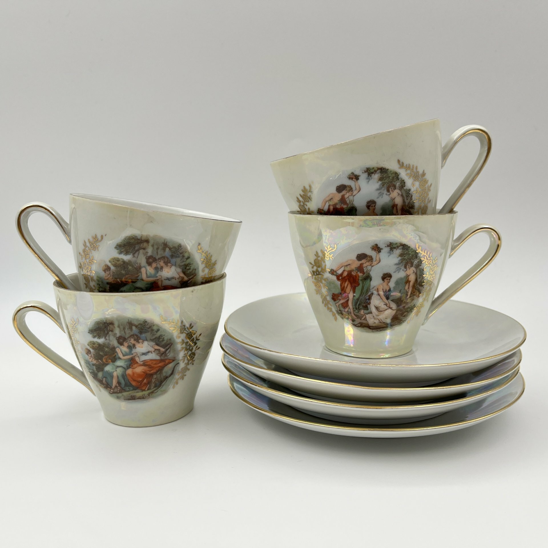 Набор из четырех чайных пар "Мадонна", фарфор, деколь, люстр, золочение, Kahla, ГДР