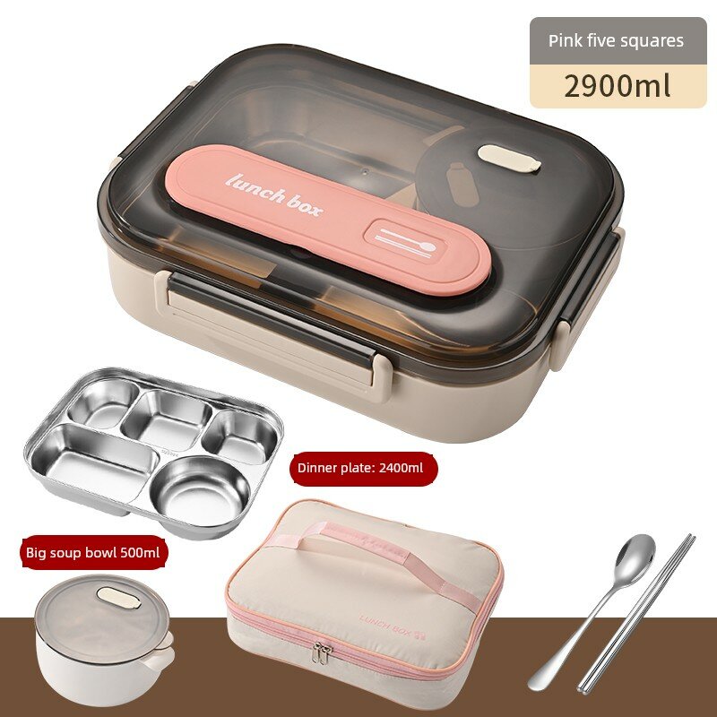 Нержавеющая сталь 304 обеденный контейнер большой пять отсеков кремово-розовый цвет 2900 мл с термобоксом ложкой и