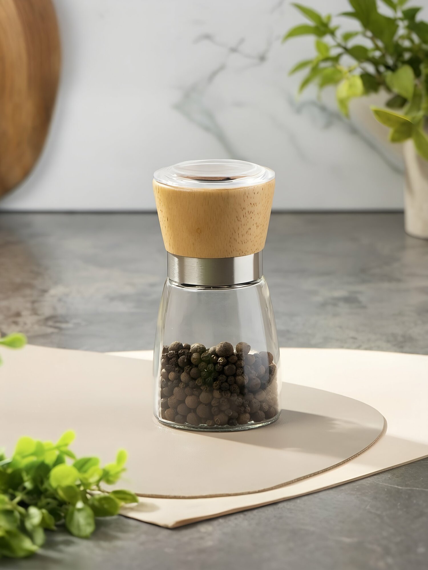 Мельница для специй Daniks 170 мл, 13.3 см, стекло и дерево. Механическая перечница для кухни, бежевый цвет, YM6713DM