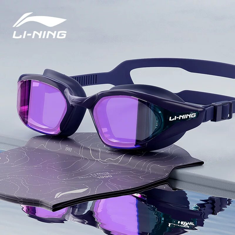 Li-Ning Антизапотевающие женские плавательные очки 280 Фиолетовые с покрытием и шапкой, плоские линзы, для плавания