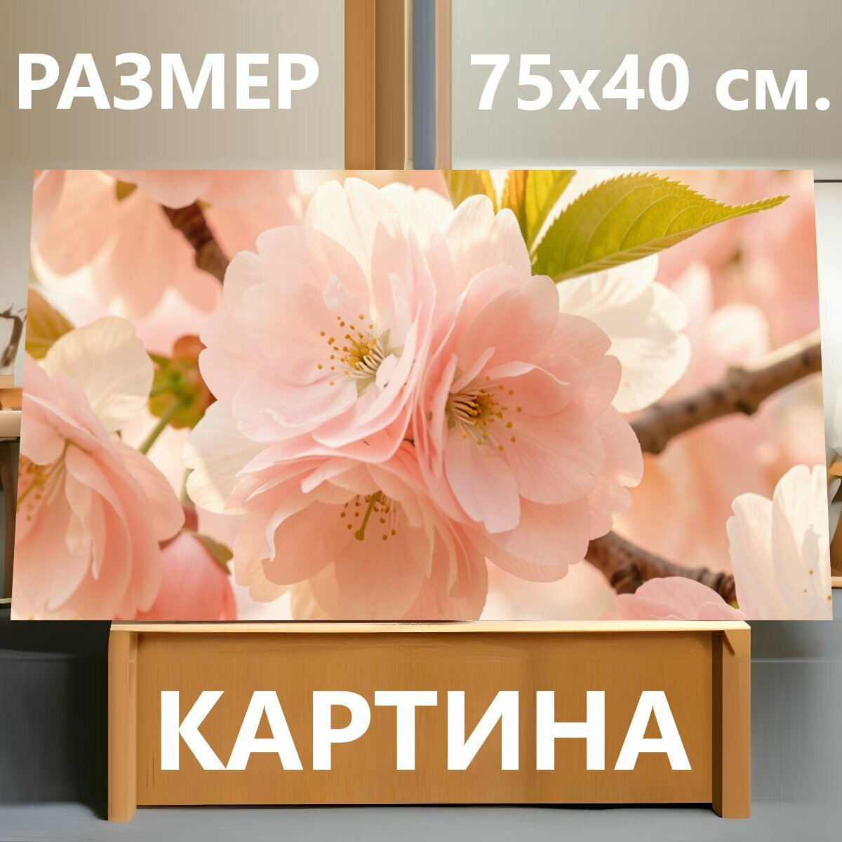 Картина на холсте "Нежные розовые цветы сакуры. Ветви цветущей сакуры с пышными лепестками, мягкие пастельные оттенки розового и белого, свежая." на подрамнике 75х40 см. для интерьера