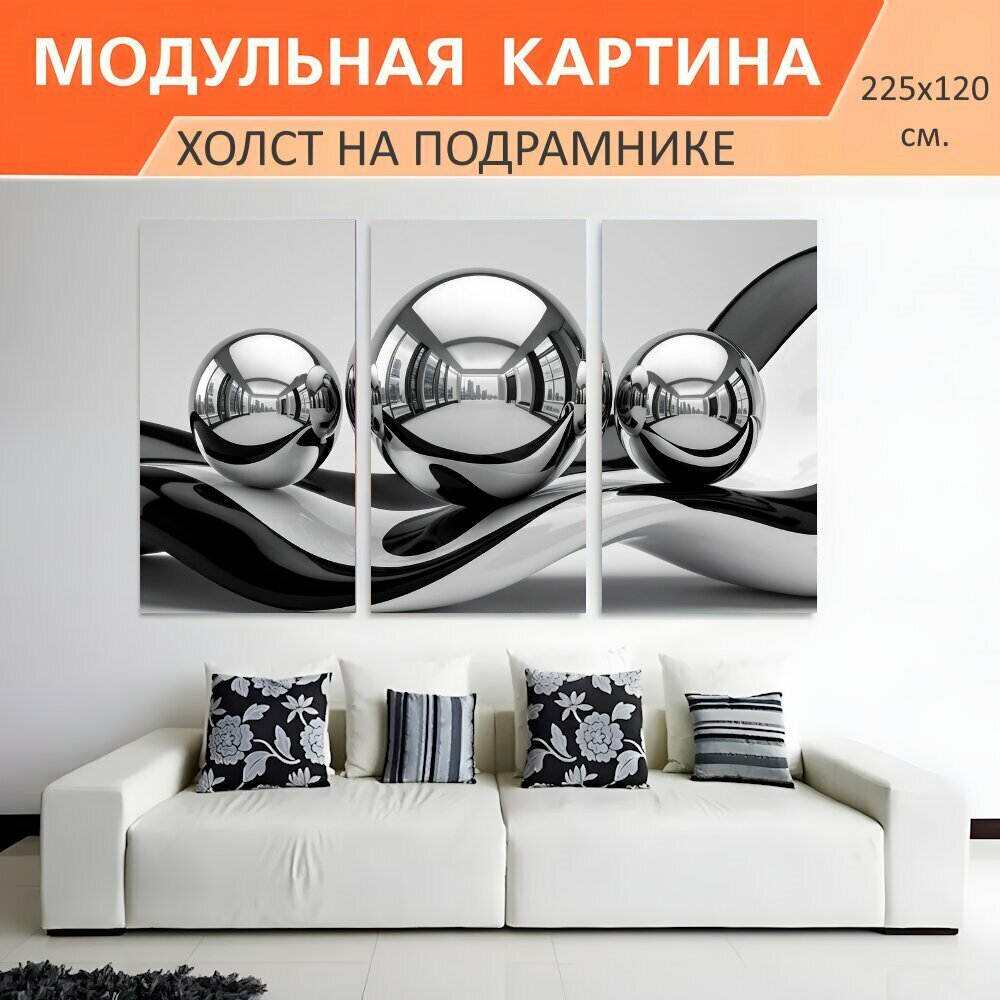 Модульная картина на холсте "Хромированные сферы в интерьере. Абстрактная композиция с тремя зеркальными шарами на волнообразной." триптих на подрамнике 225х120 см. для интерьера