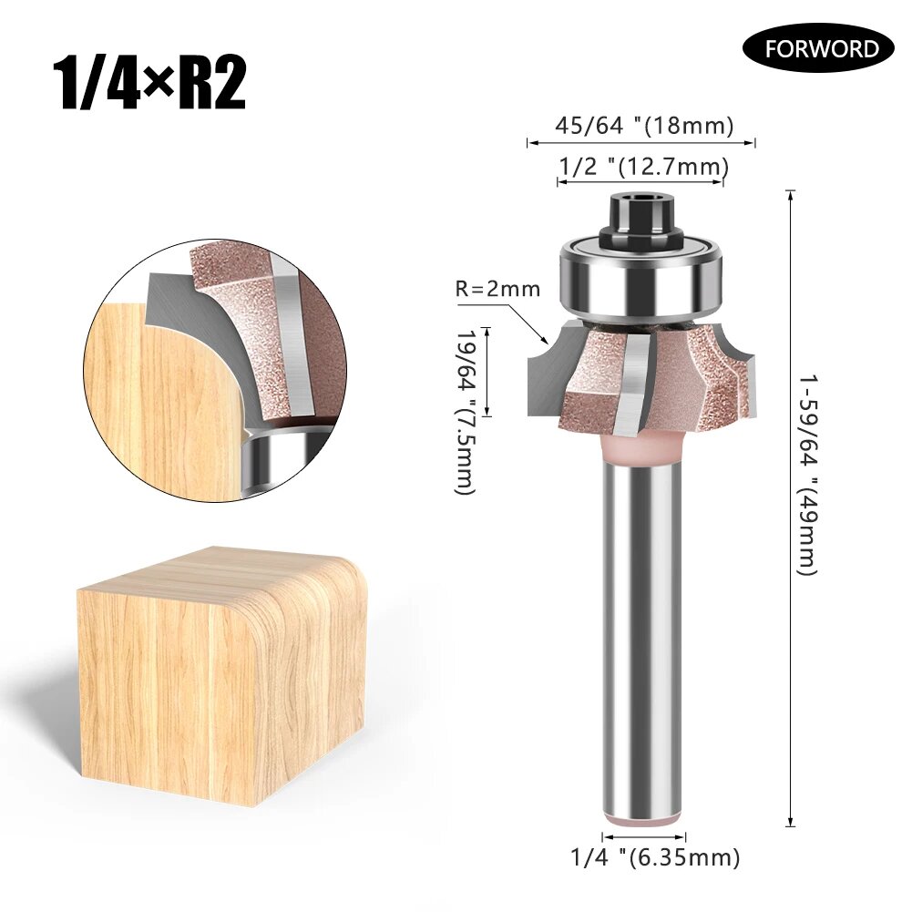 Фреза 1/4" R2 для дерева, 18 мм, 49 мм