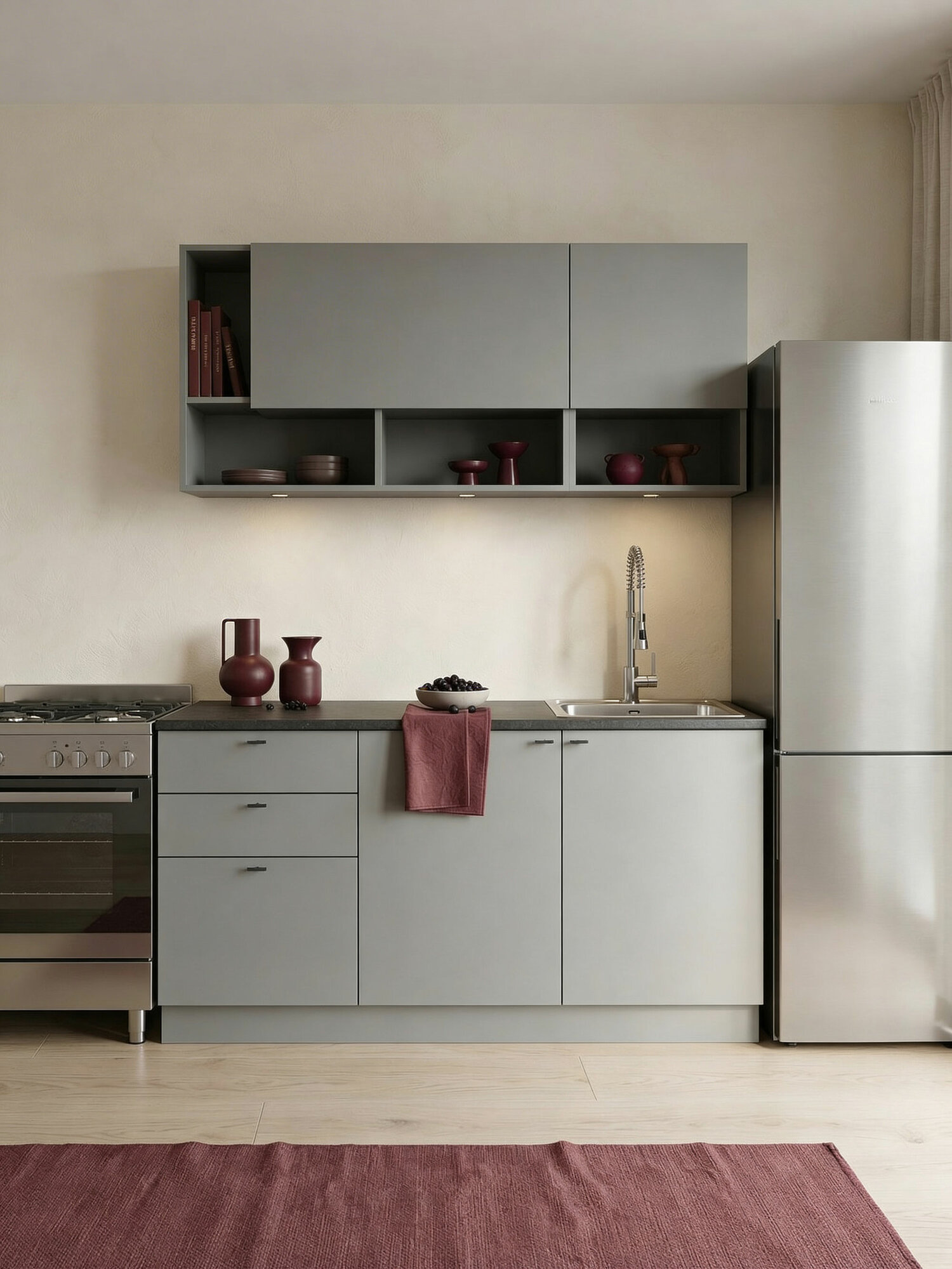 Кухонный гарнитур Энни 1.6 м, мебель для дома и кухни, Графит серый / столешница Черный