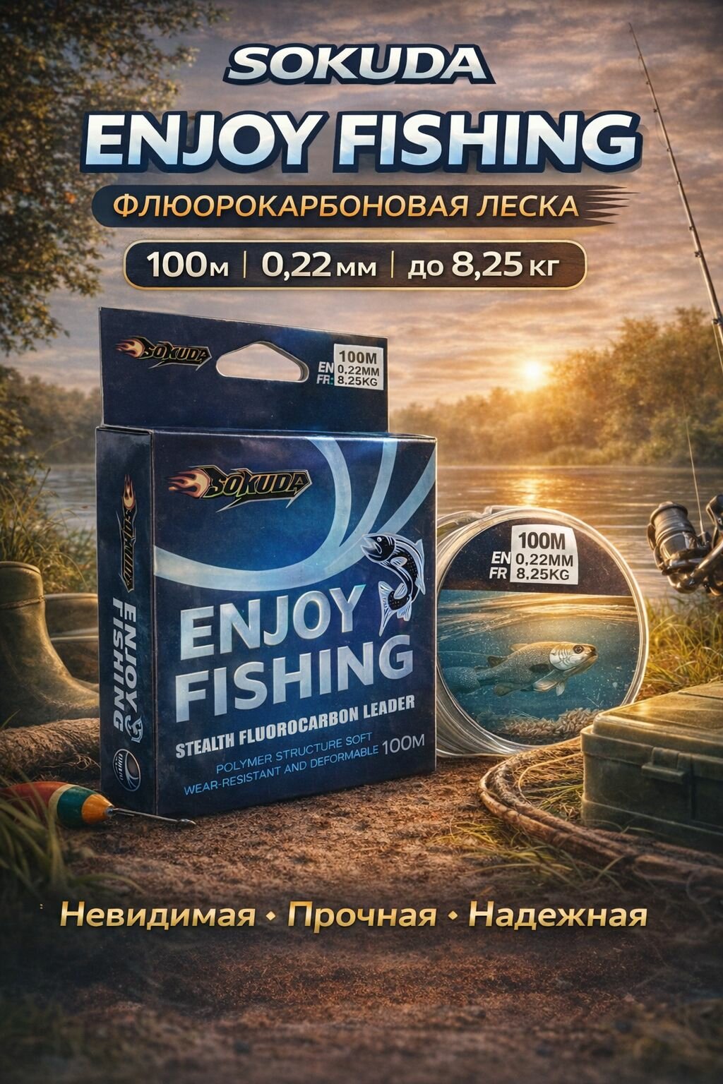 Леска флюорокарбоновая SOKUDA 100 м 0.22 мм до 8.25 кг, невидимая, для поводков и рыбалки