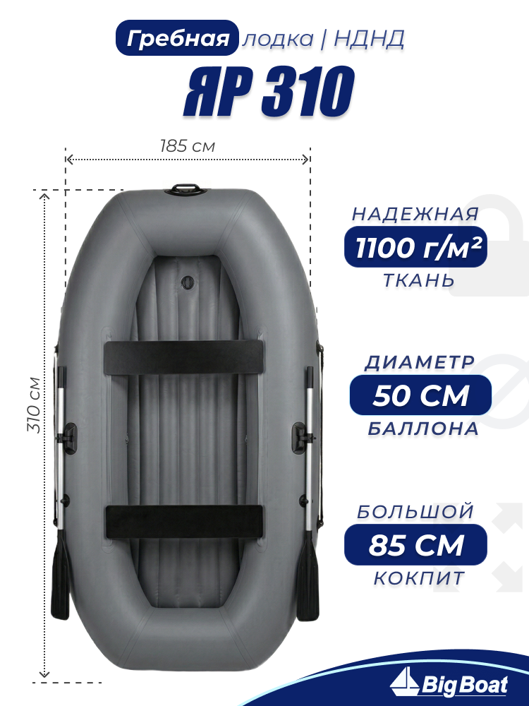 Надувная лодка для рыбалки, ПВХ, гребная Big Boat Яр310 НДНД