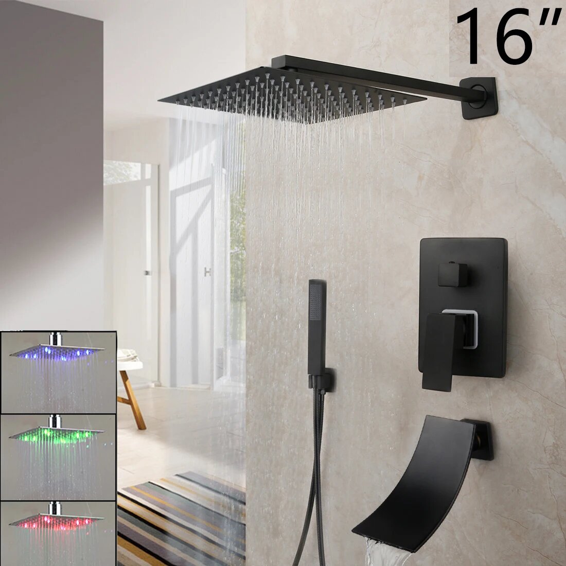 Матовый черный душевая кран для ванной, дождевой душевой системой для ванны с LED, квадратная дождевая головка, водопадный смесительный кран-LED 16 дюймов, 3-хходовой