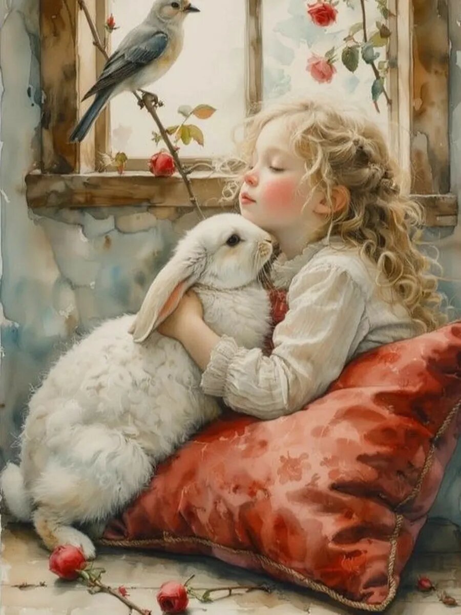 Картина по номерам на холсте Девочка Кролик 40*50 см