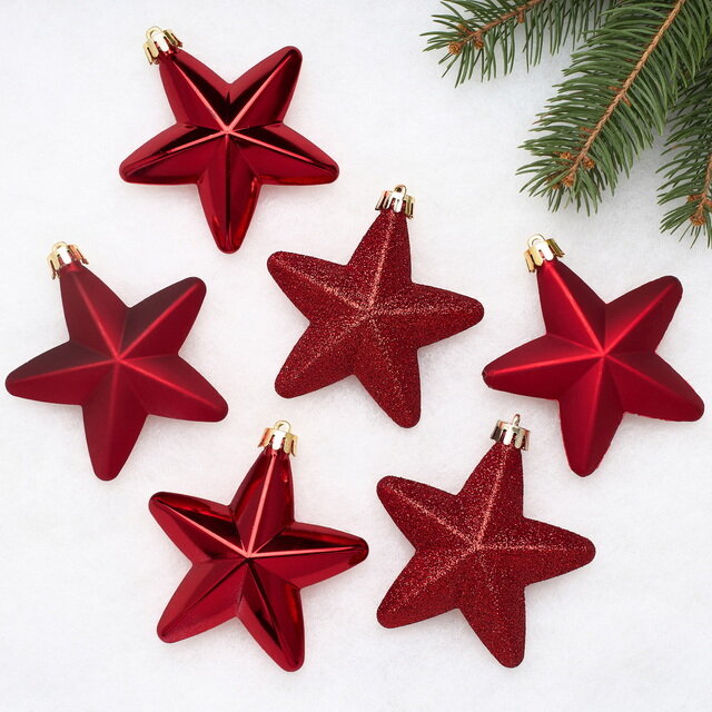 Елочные игрушкик Красные Звезды 8 см, 6 шт, подвеска, пластик, Winter Deco, 027862