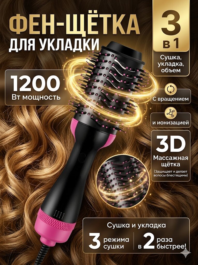 Фен-щетка для волос / Расческа с ионизацией One Step Фен-щётка (расчёска-фен) для волос Hair Dryer 3 в 1
