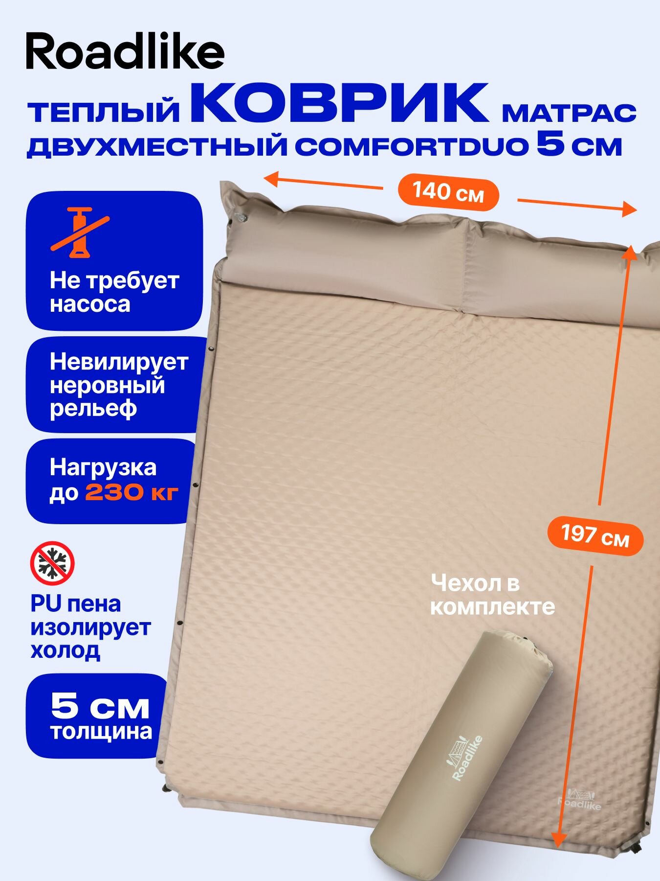 Матрас туристический двухместный самонадувающийся ComfortDuo, коврик надувной для палатки