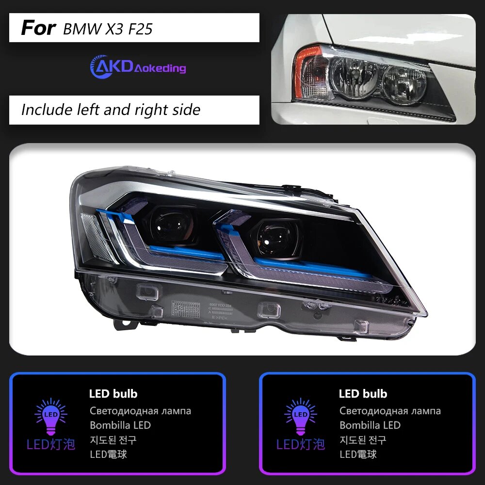 Фаркоп AKD для BMW X3 F25 LED-фара 2010-2013 Фары X3 Дневной ходовой огонь Сигнал поворота Дальний свет Ангельский глаз Проекторный линза