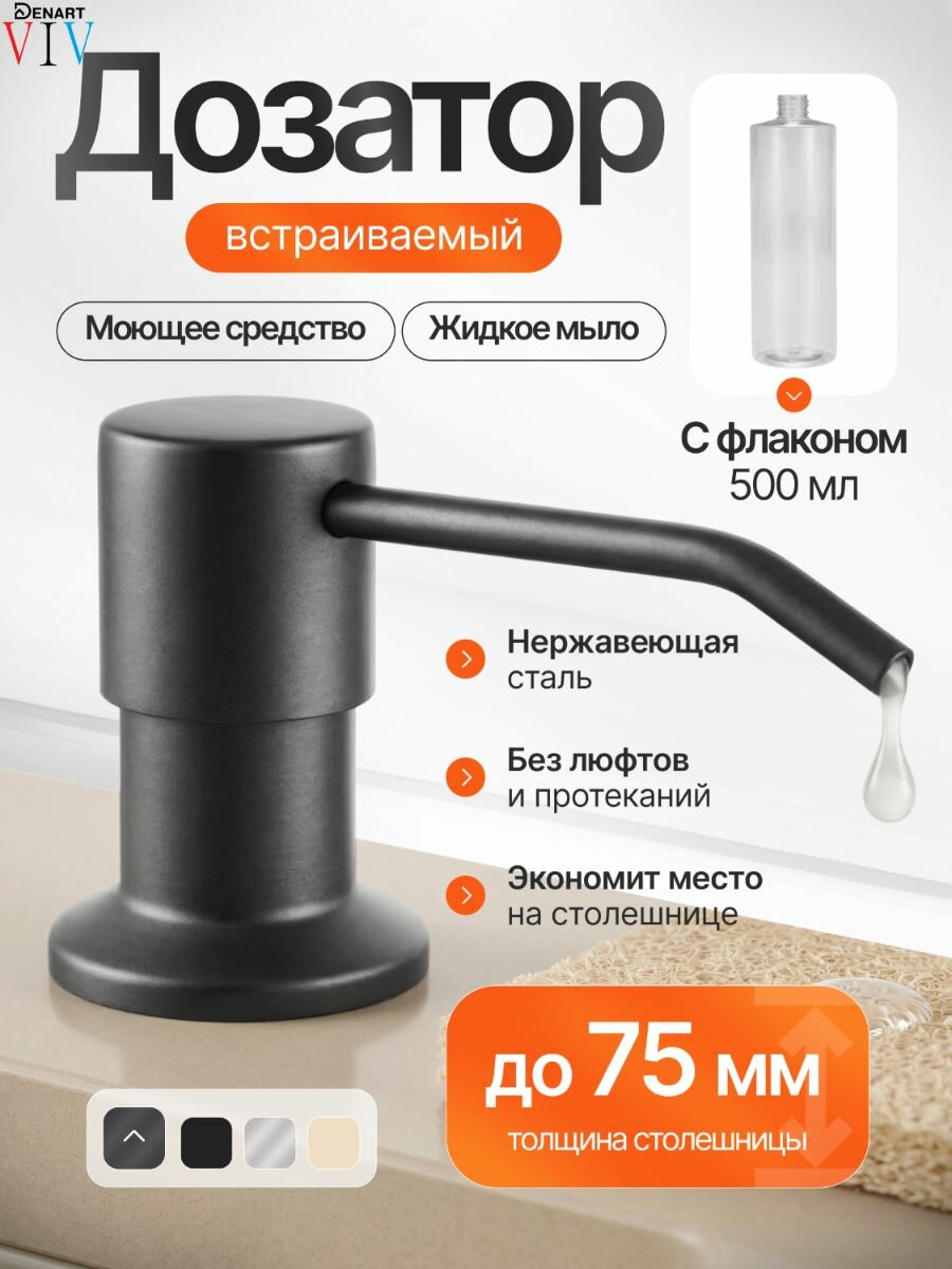 Диспенсер кухонный встраиваемый Графит матовый с бутылкой 500 мл для моющего средства, дозатор врезной для мойки, органайзер для мыла DENART