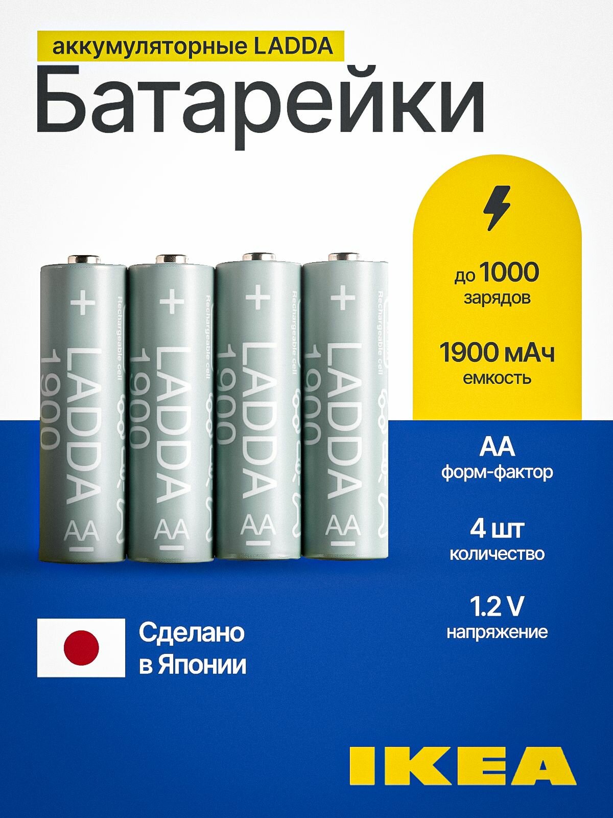IKEA, LADDA Аккумуляторные батарейки, 1900 мАч, 1.2 В, 4 шт