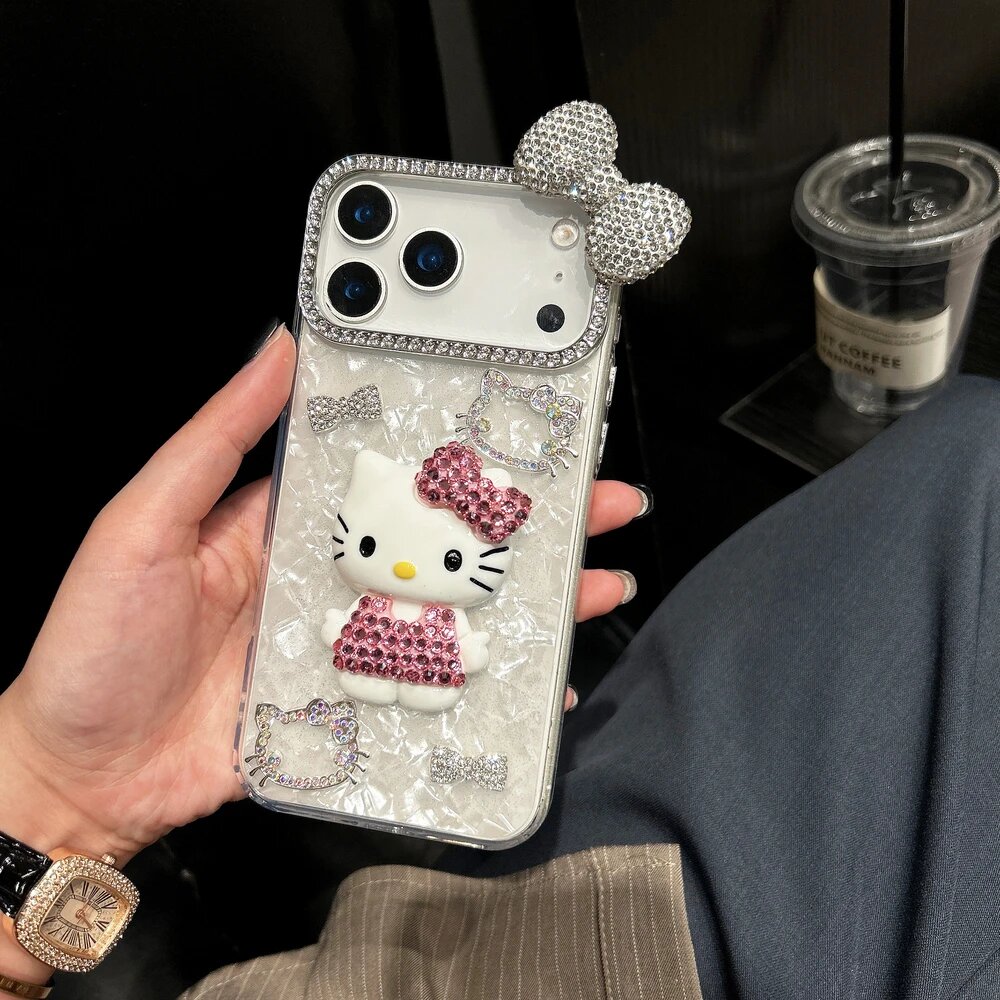 MINISO 3D стереоскопический чехол для телефона iPhone 17/16/15/14/13/12/11 Pro Max, милый мультяшный жесткий чехол Sanrio и Hello Kitty с блестками, Материал: Для iPhone 16 Pro Max