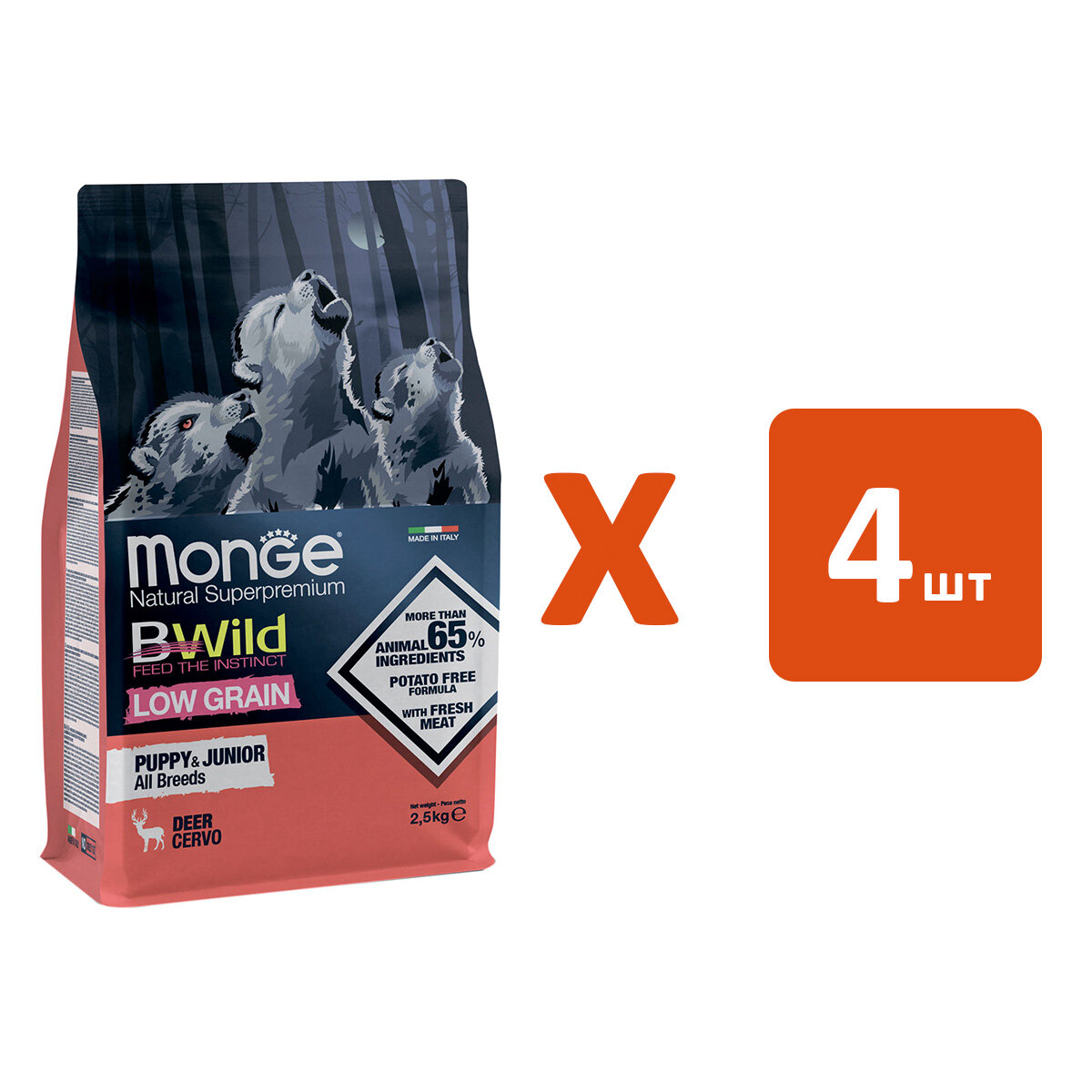Корм сухой Monge Bwild Low Grain Puppy & Junior Deer Cervo низкозерновой для щенков всех пород, оленина, 2,5 кг 4 шт