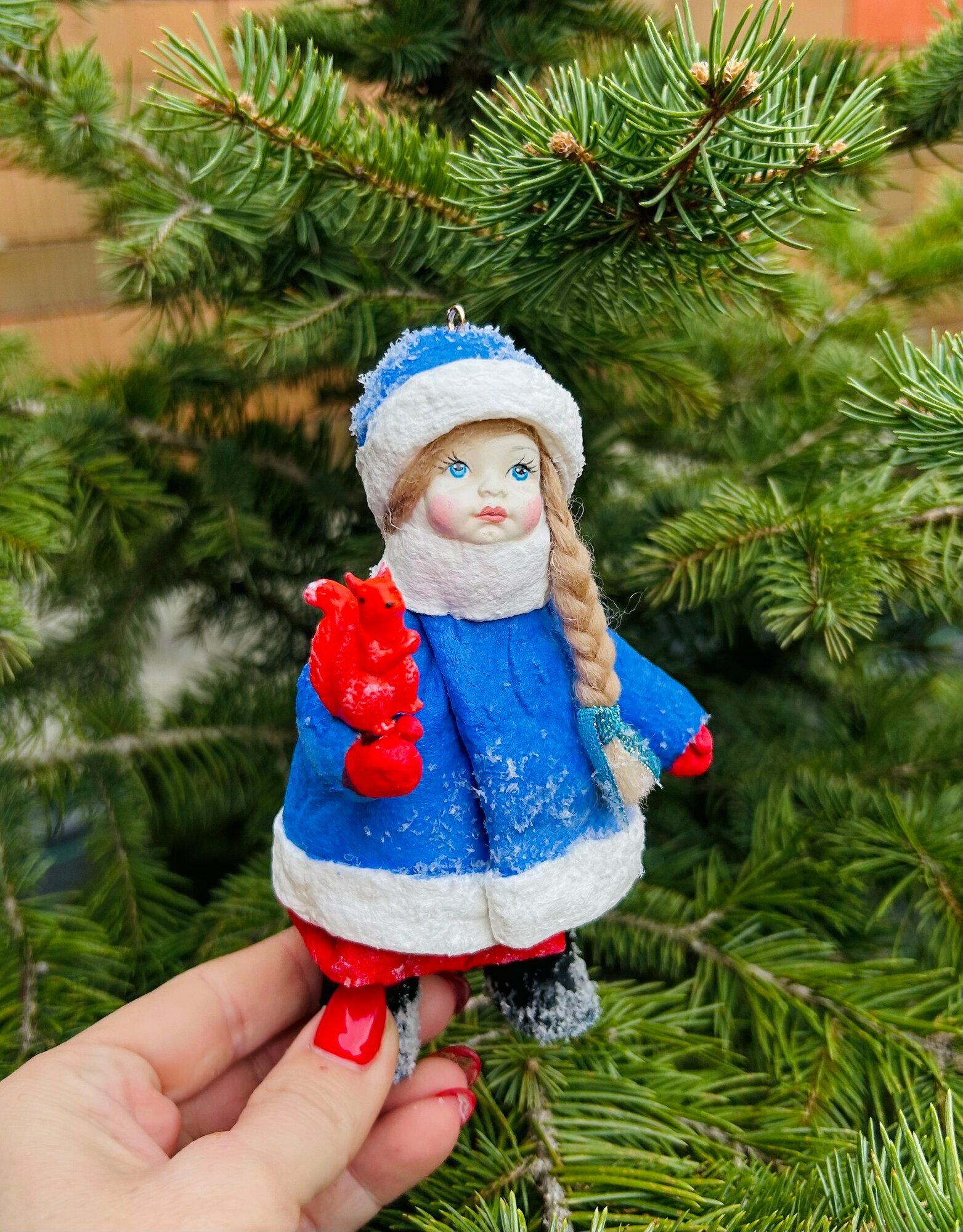 Ватная елочная игрушка - малышка в костюме Снегурочки