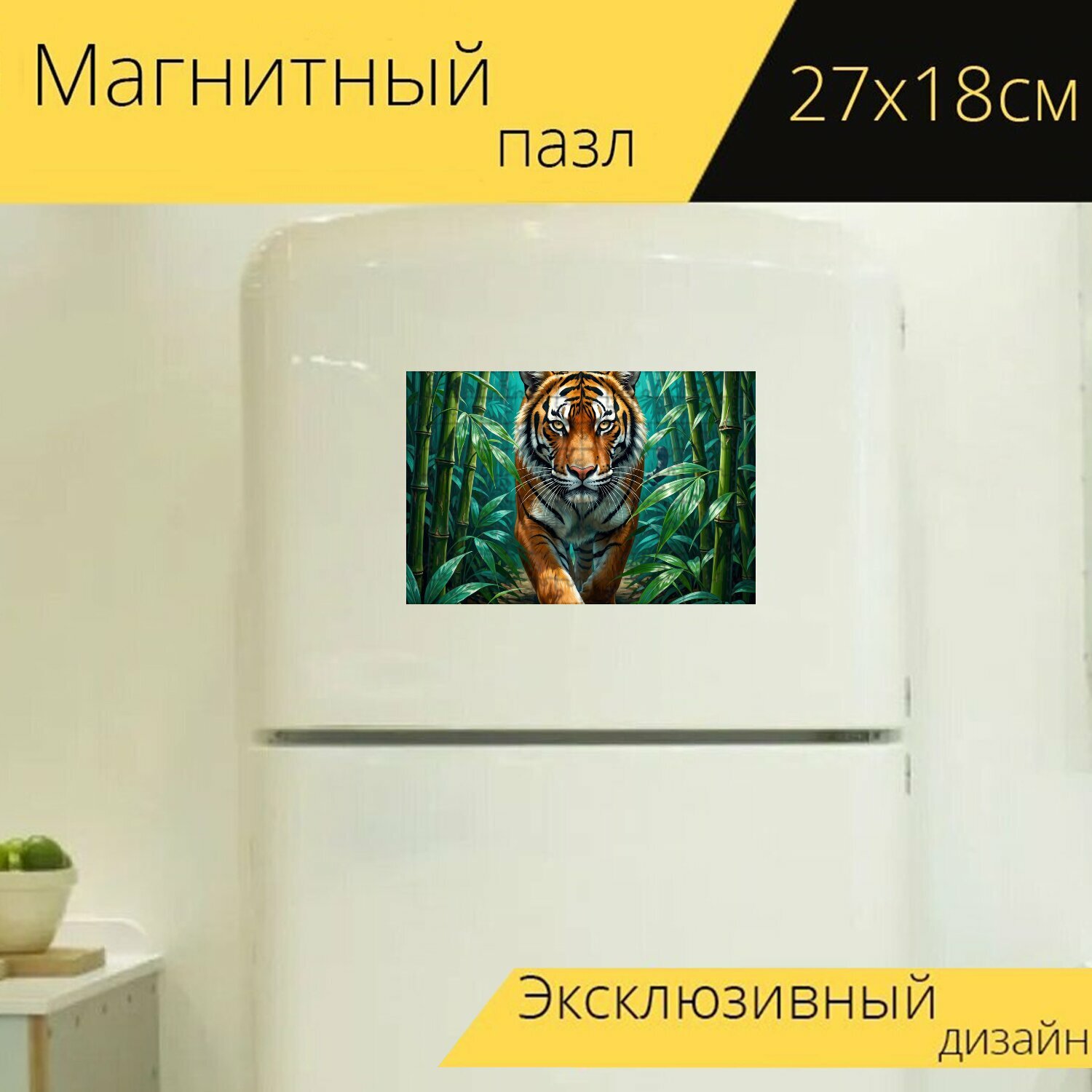 Магнитный пазл "Тигр в бамбуковых зарослях. Мощный полосатый хищник идёт сквозь густые тропические заросли, вокруг зелёный бамбук и лианы. Яркая." на холодильник 27 x 18 см.