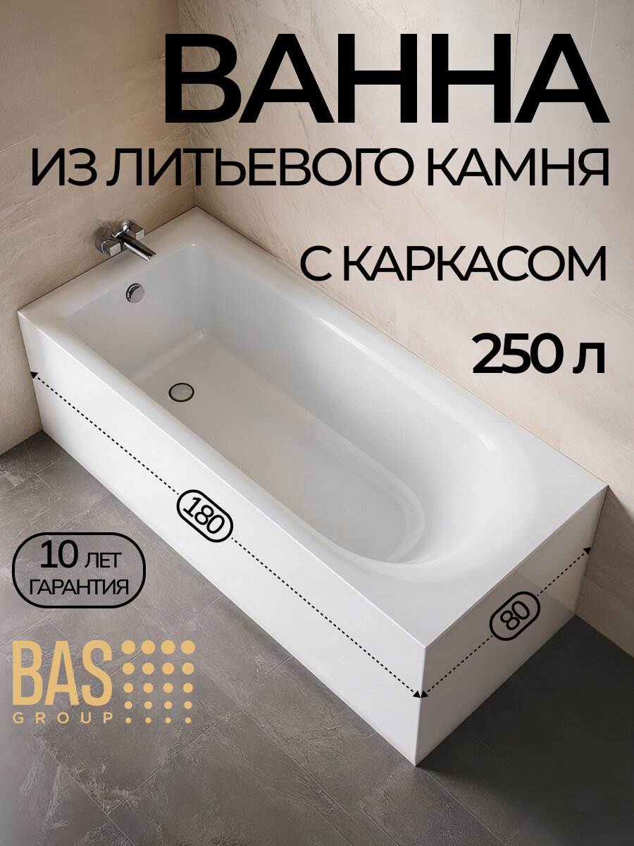Ванна из литьевого камня 180x80 BAS Канди пристенная, белая, с каркасом, прямоугольная