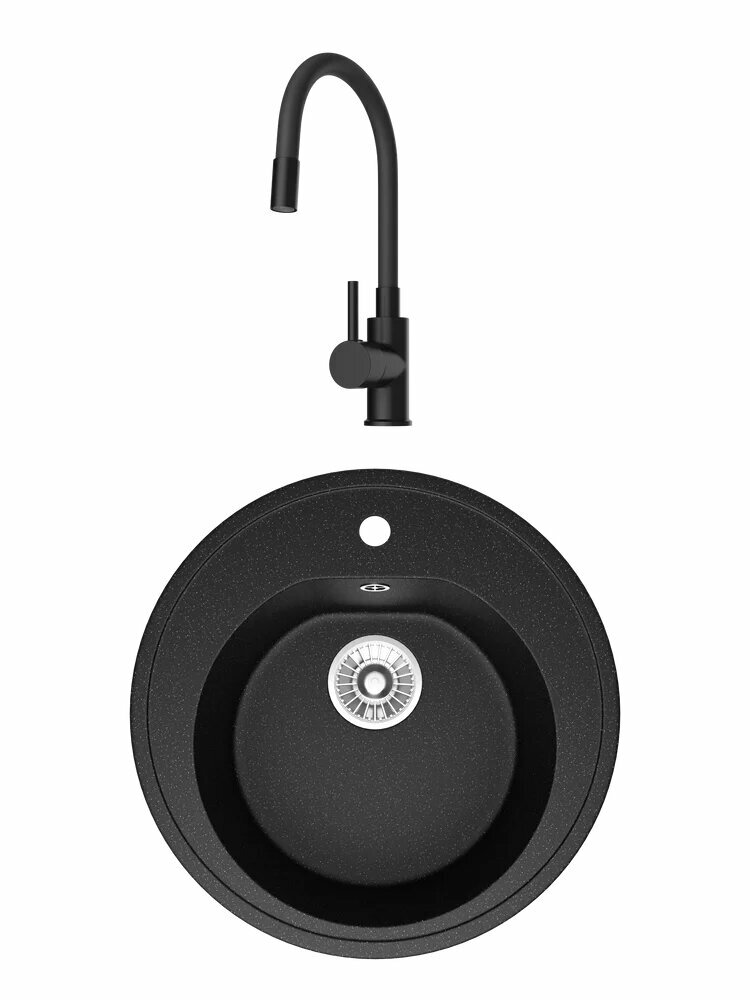 Комплект Мойка Domaci Болонья М-03-002, черная / Смеситель Равенна DMC01150BK, с гибким изливом, матовый черный