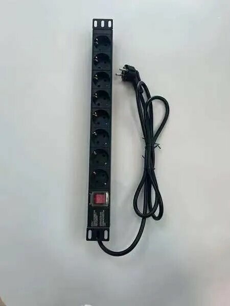 Блок розеток горизонтальный ServerPro PDU, 19", 1U, Алюминий, 8 Schuko, С14, выкл. с подсветкой, черный