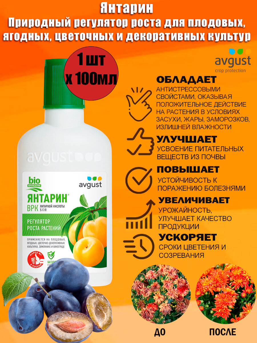 Регулятор роста для плодовых, ягодных, цветочных и декоративных культур Янтарин, 100 мл
