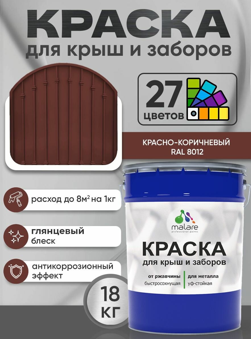 Краска по металлу Malare для крыш и заборов по ржавчине, для наружных работ, быстросохнущая износостойкая RAL 8012 красно-коричневый, глянцевая, 18 кг
