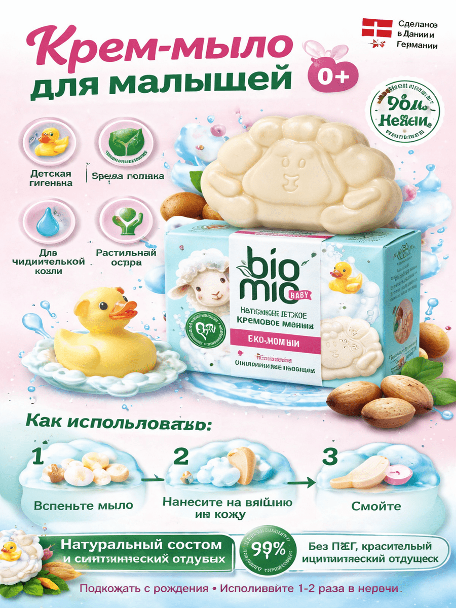 Мыло туалетное детское BioMio Baby На растительной основе Масло ши, 90г