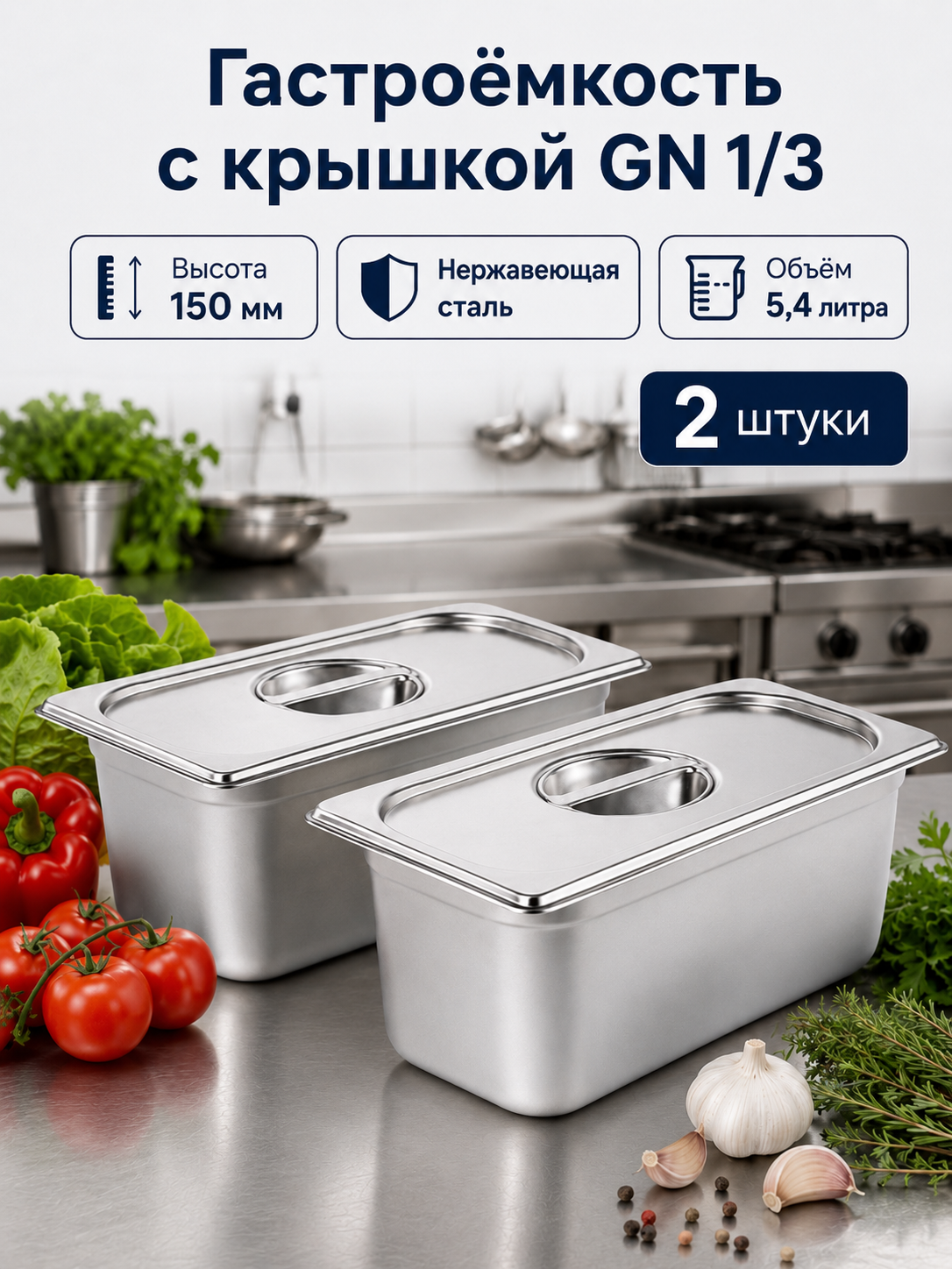 Гастроемкость GN 1/3 150 мм с крышкой, набор 2 шт, нержавеющая сталь