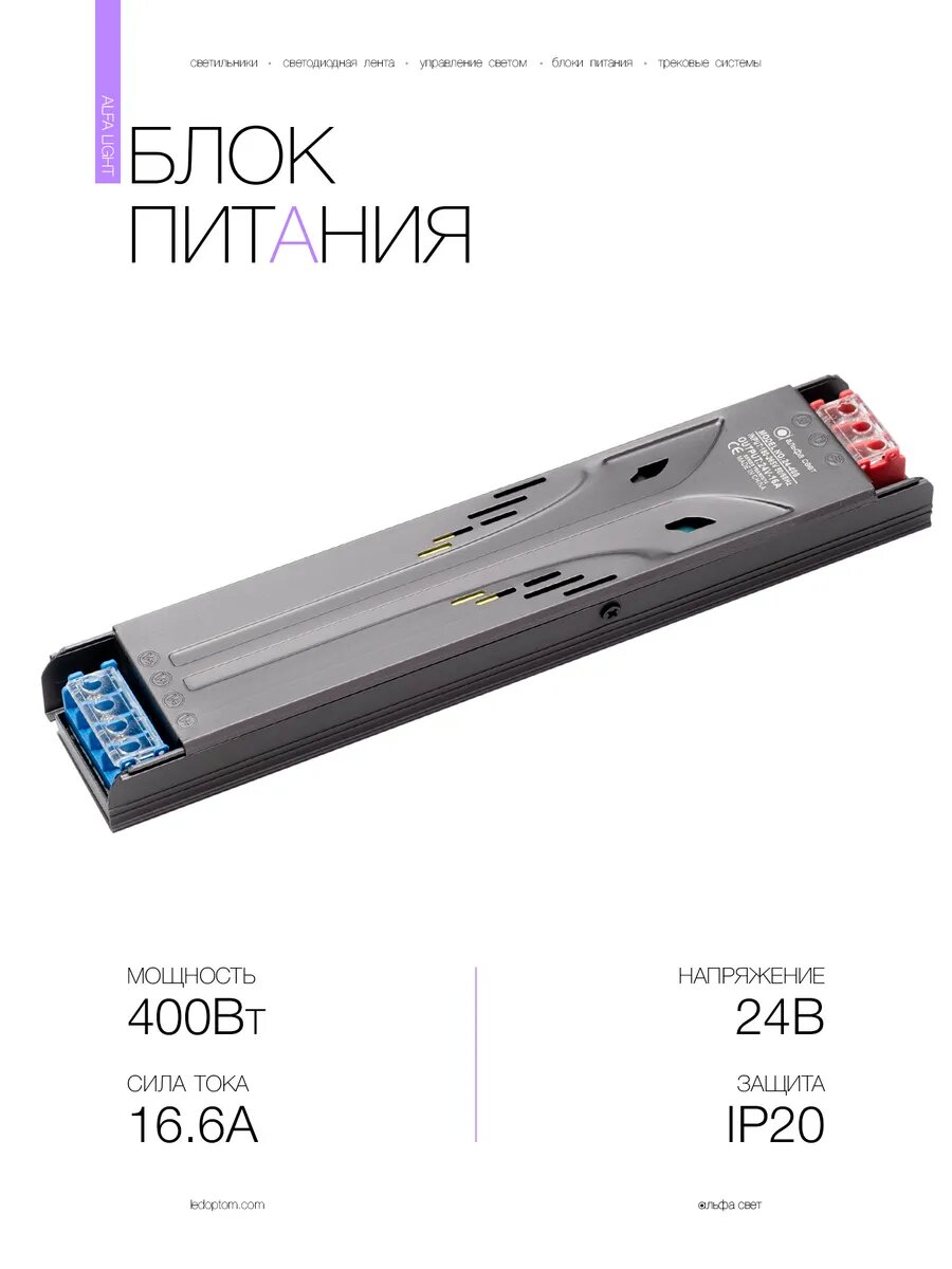 Блок питания для светодиодной ленты 400Вт 24В, 16.6А, IP20, ALFA, Альфа Свет