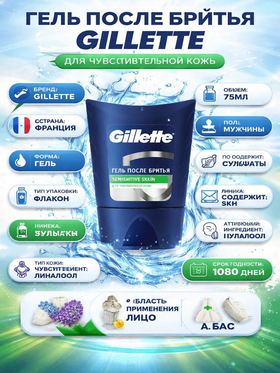 Гель после бритья Gillette для чувствительной кожи, 75мл