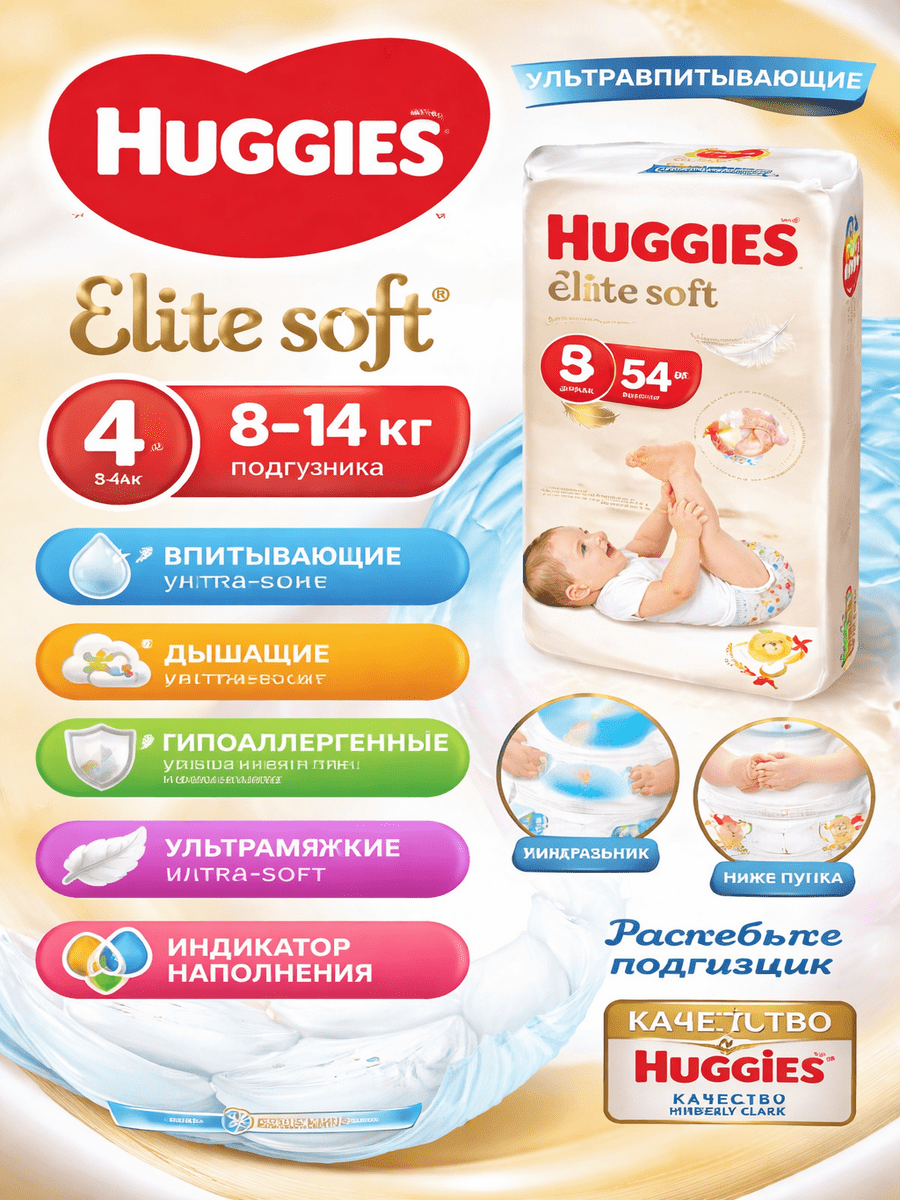 Подгузники Huggies Elite Soft 4 размер 8-14кг, 54шт