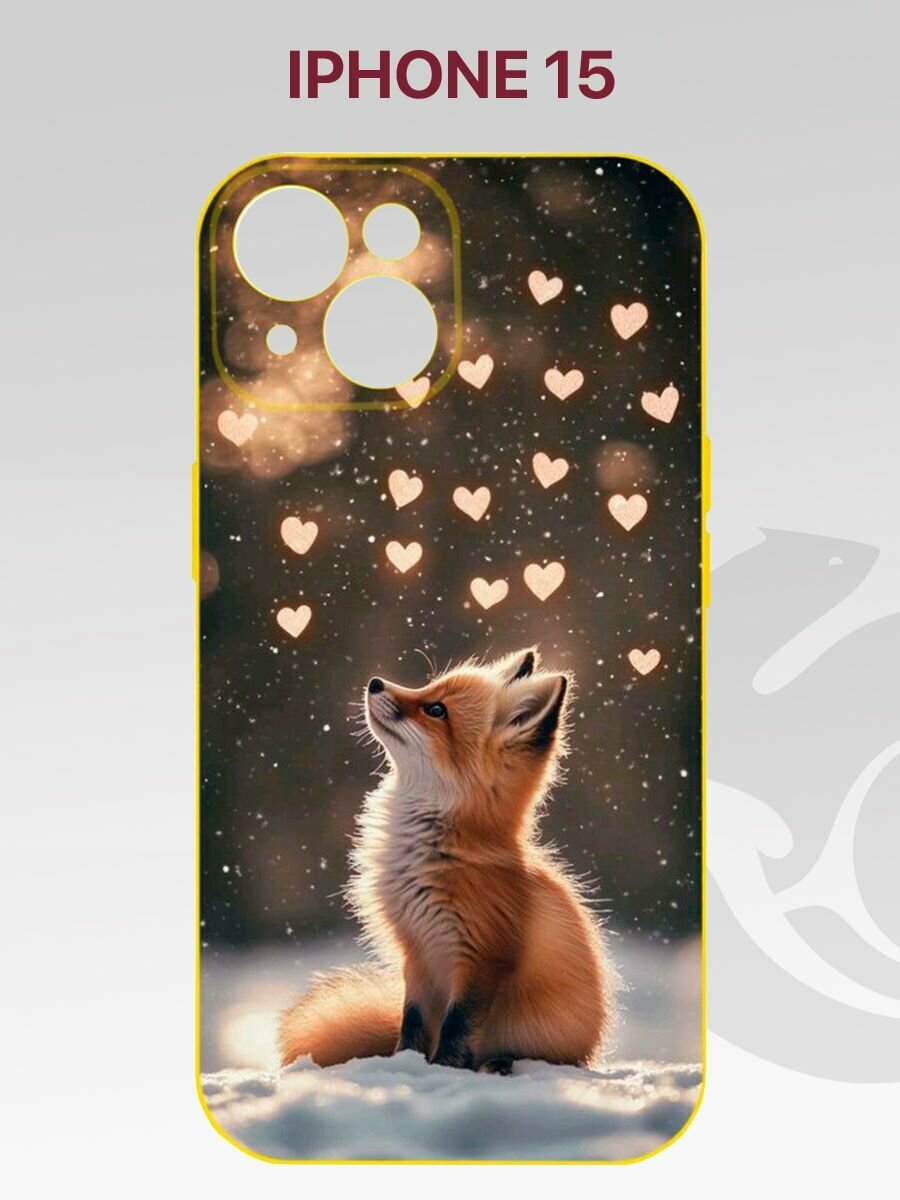 Чехол на iPhone 15 с защитой камеры, желтый с принтом размышления лисички / Айфон 15