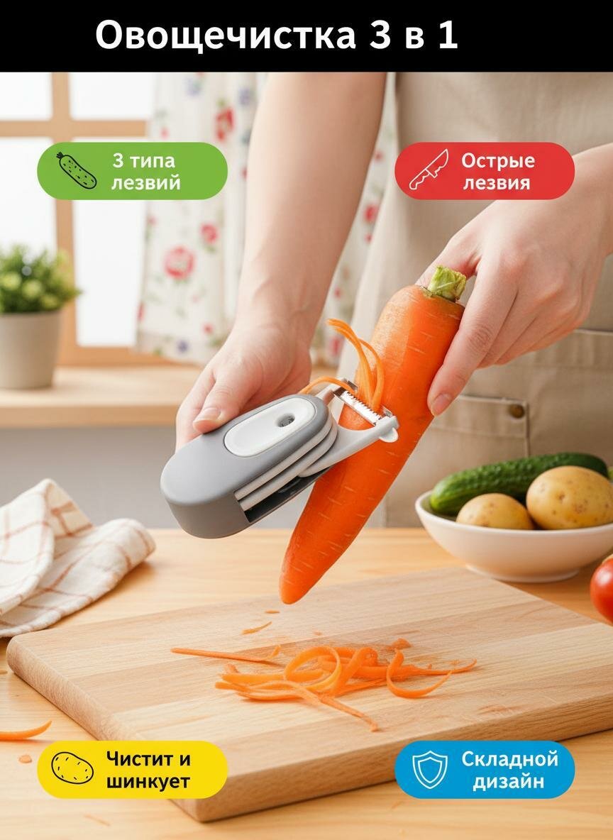 Многофункциональная овощечистка 3 в 1 для кухни и походов