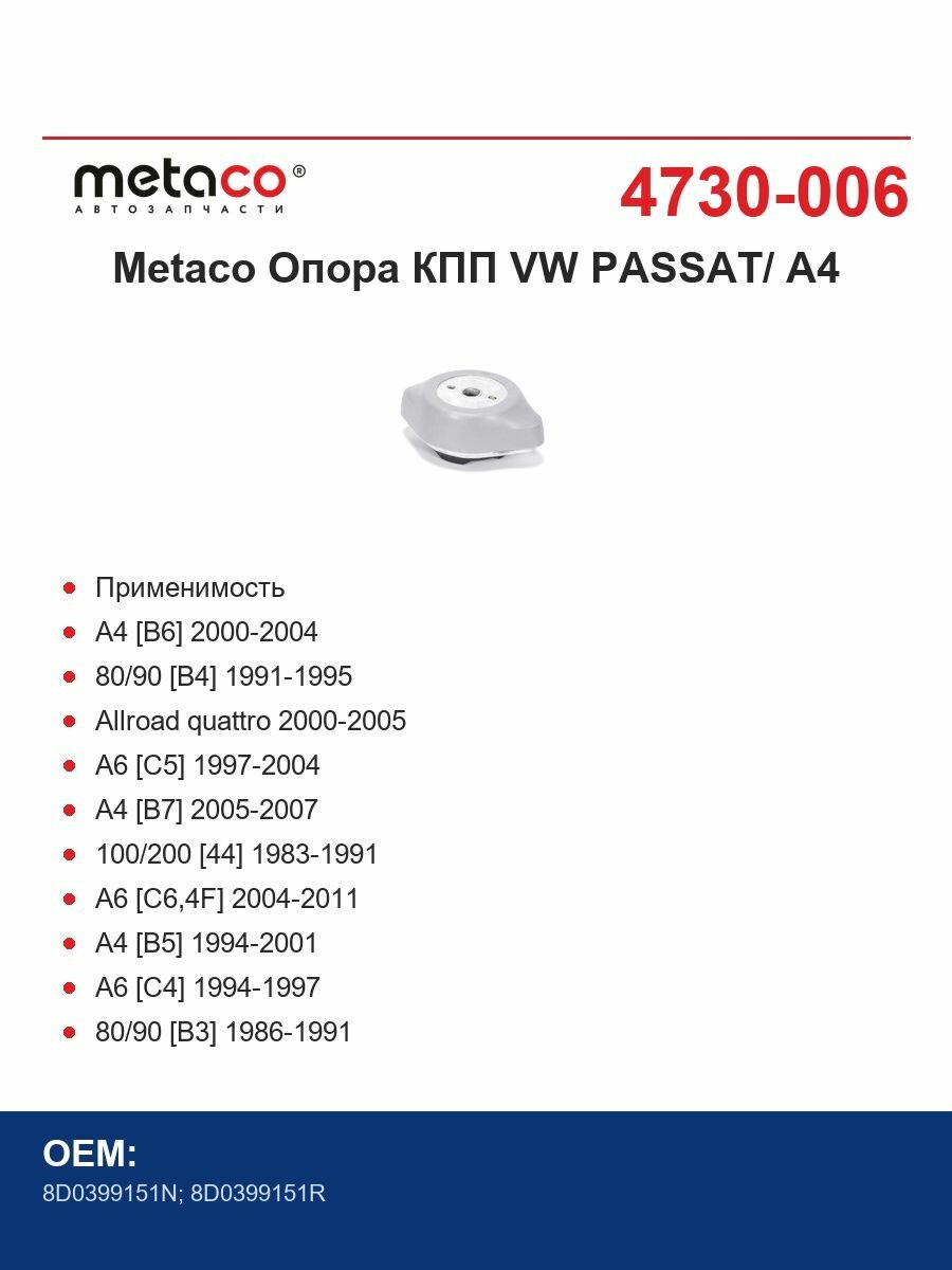 Metaco Опора КПП VW PASSAT/ A4