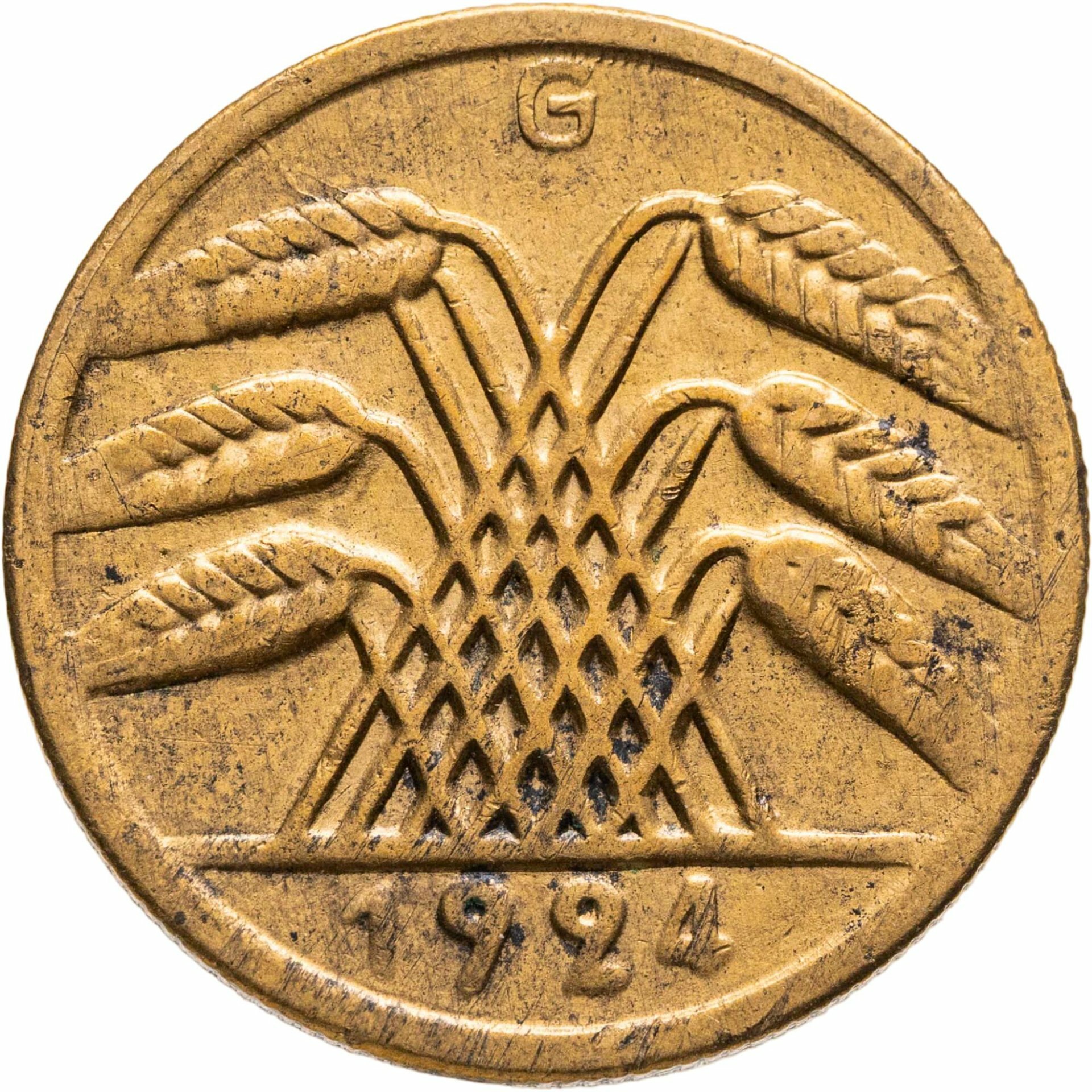 Германия Веймарская республика 50 рентных пфеннигов 1924, знак монетного двора "G" — Карлсруэ, Бронза, в сохранности VF