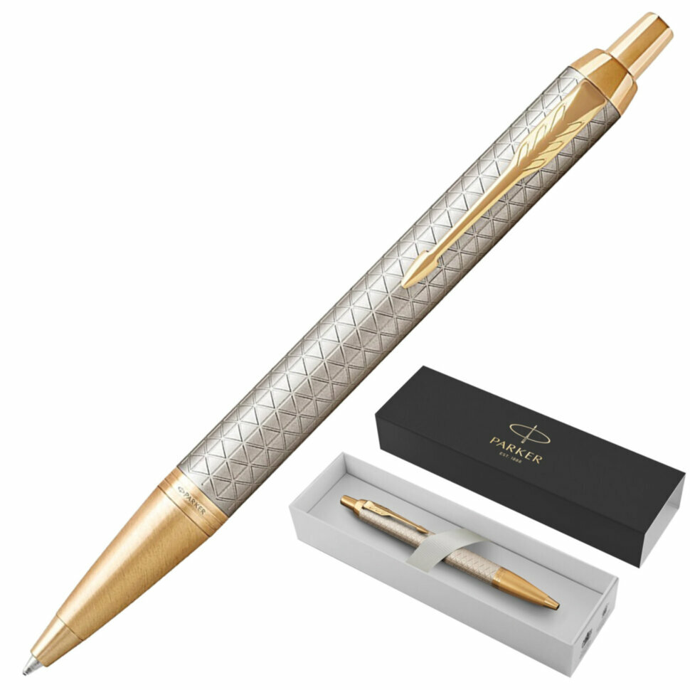 Ручка шариковая PARKER "IM Premium Warm Silver GT", корпус матовое серебро, позолота, синяя, 1931687, 142509
