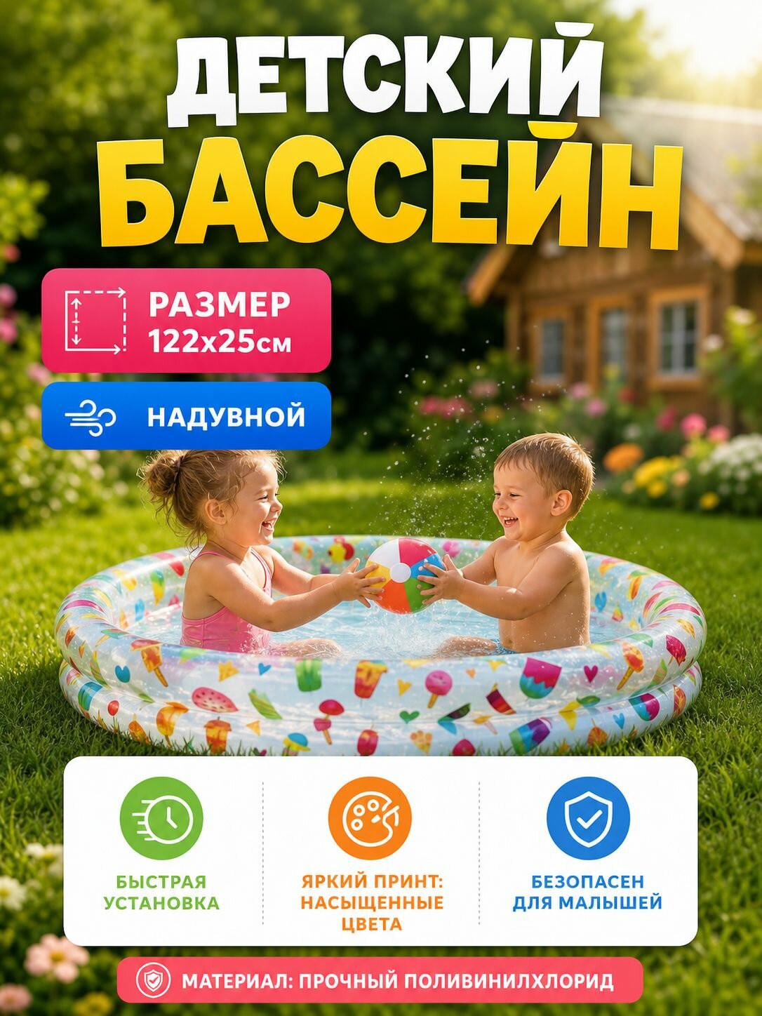 Надувной детский бассейн большой для отдыха на свежем воздухе. Просторный бассейн с ярким дизайном, прочными стенками и удобным сливом воды. Отличное решение для водных игр с детьми! Фрукты