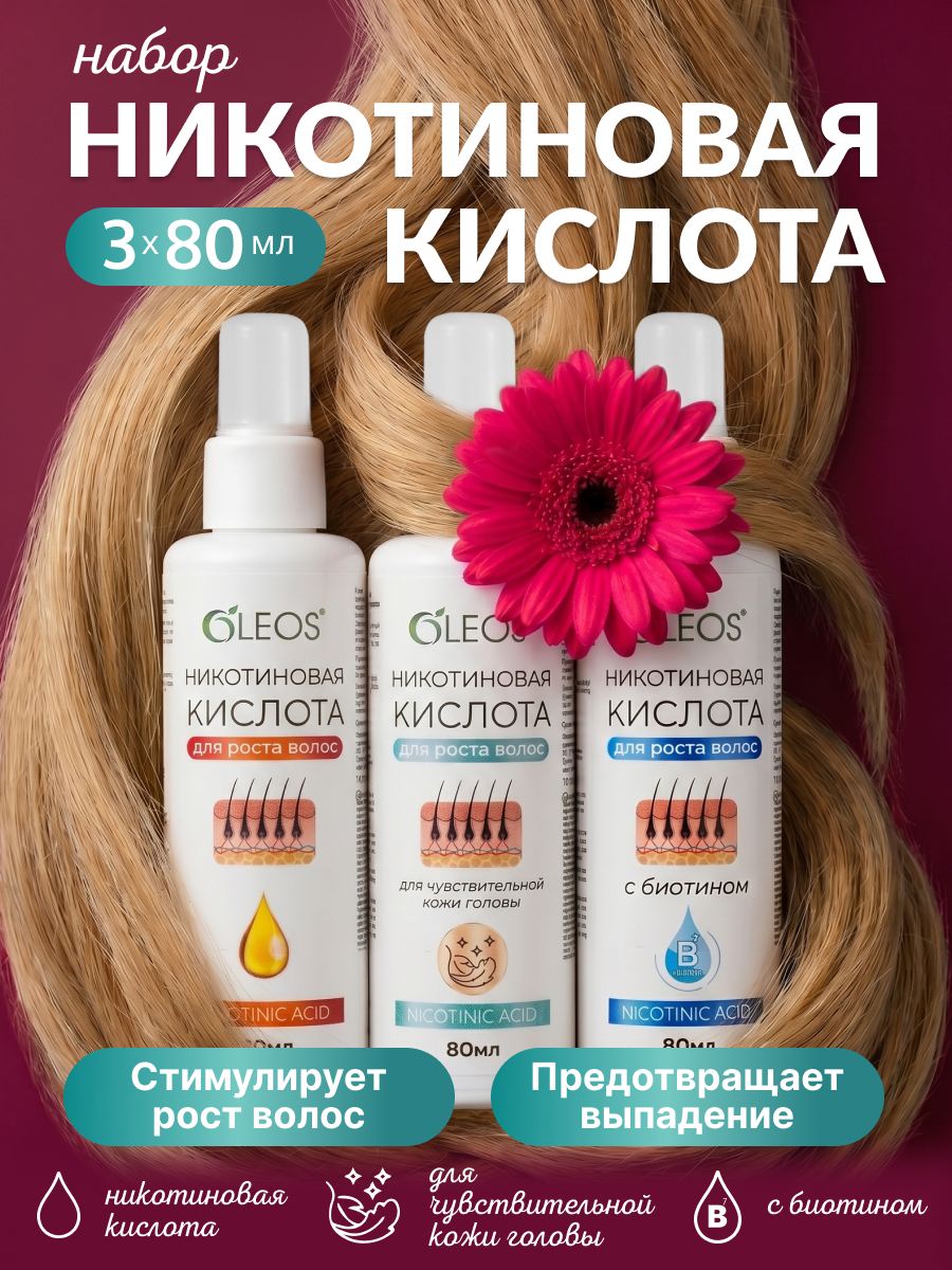 Набор никотиновая кислота для волос с биотином, для чувствительной кожи и в чистом виде, 3*80 мл