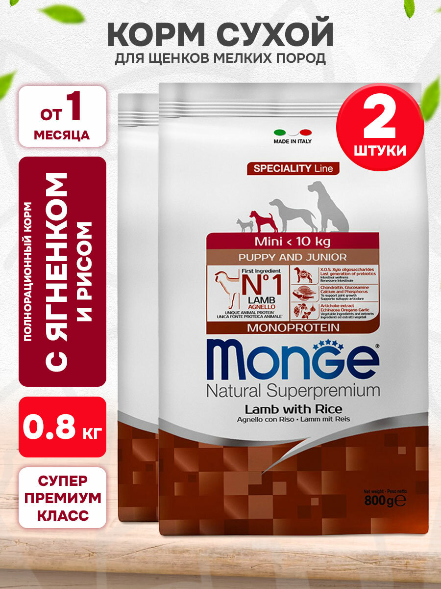 Корм сухой Monge Speciality Dog Mini Puppy & Junior Lamb для щенков маленьких пород, ягненок, рис, 0,8 кг 2 шт